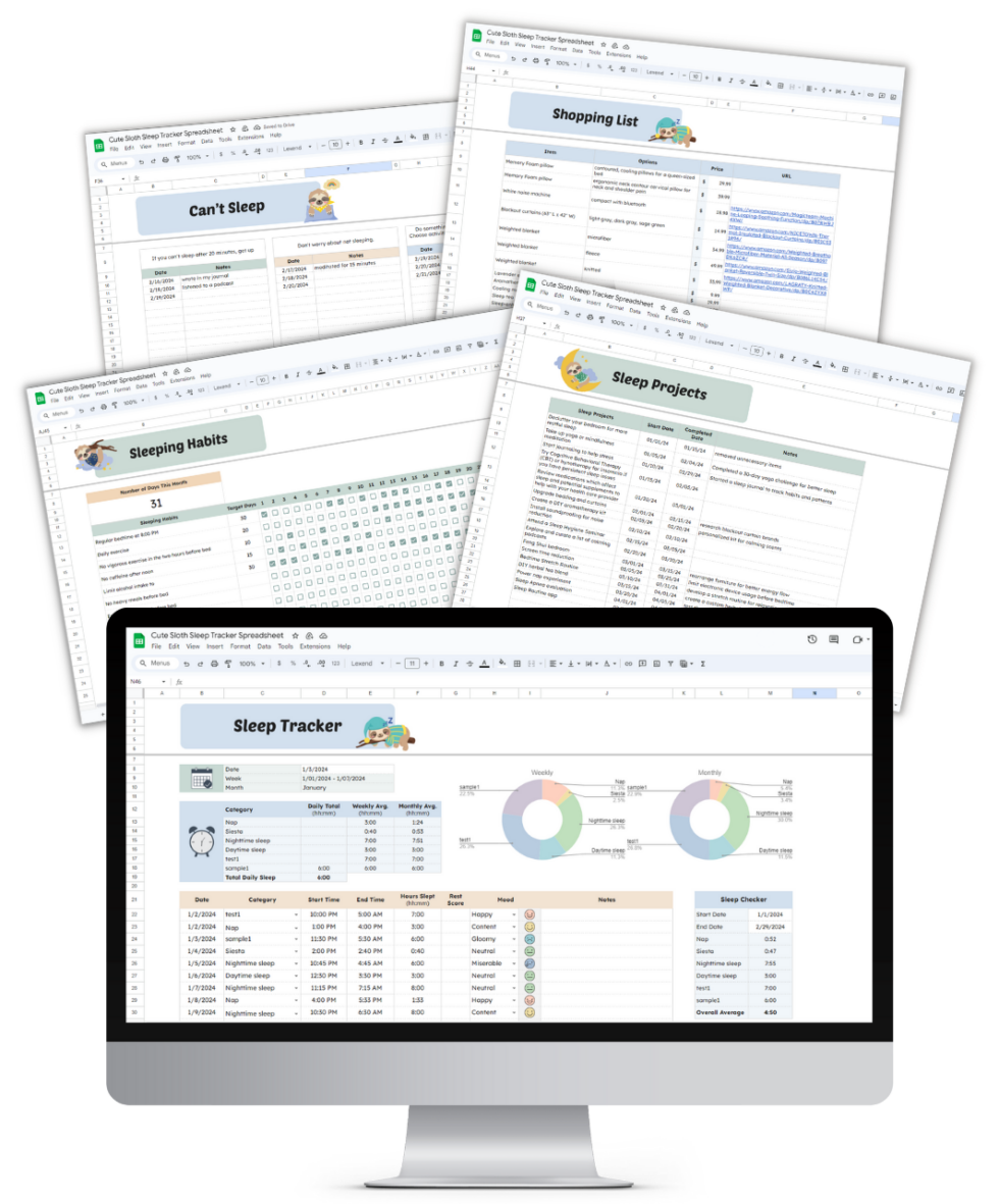 Cute Sloth Sleep Tracker Spreadsheet - Simple Happiness Biz